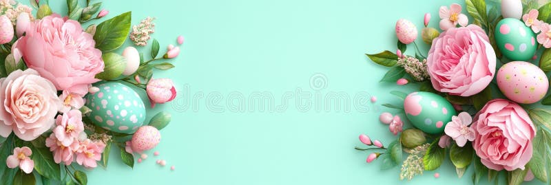 Floral Easter Composition with Pink Roses and Decorated Eggs on a Green ...