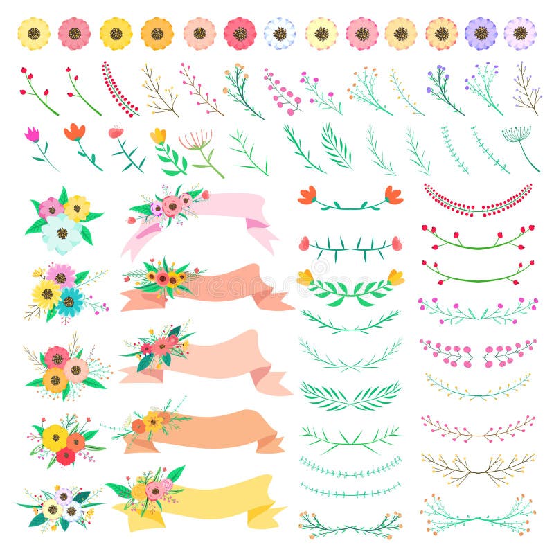 Floral Element Set. Vector Decorative Flower and Leaf Stock Vector ...
