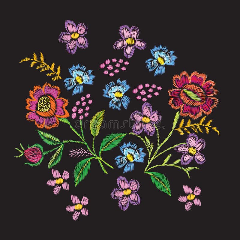 Floral Embroidery on a Black Background Stock Illustration ...