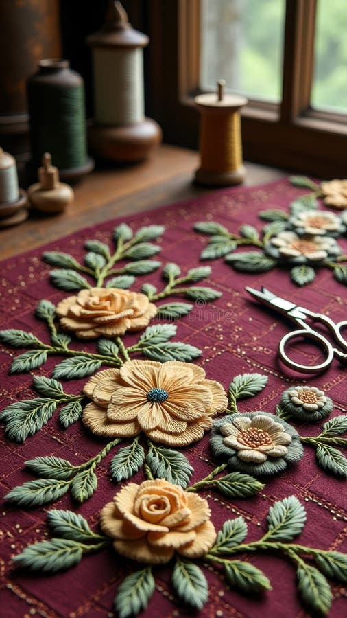 Floral Embroidery on Fabric with Scissors and Spools by Window Stock ...