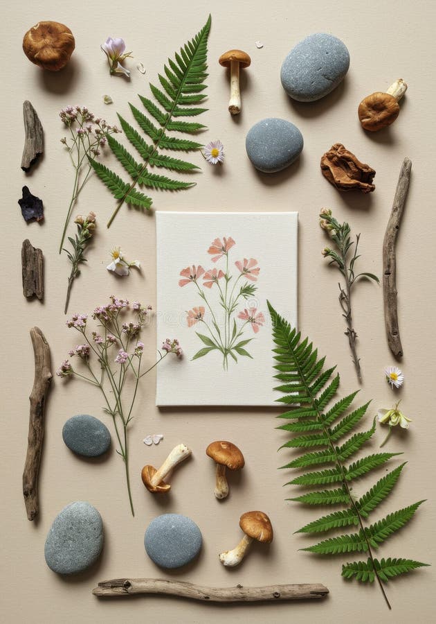 Floral Embroidery with Natural Elements on Beige Background Stock ...