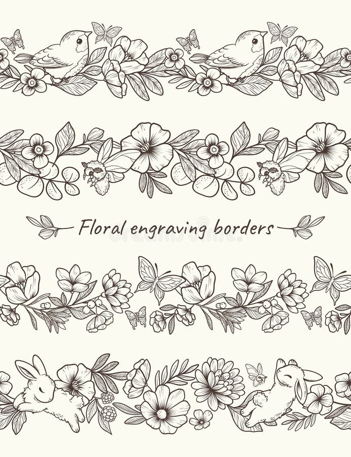 Floral Engraving Borders in Hand Drawn Style Stock Illustration ...