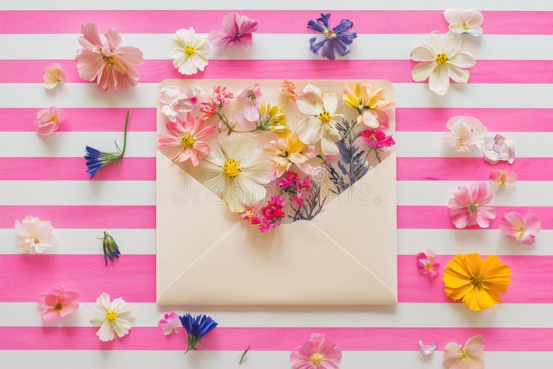 Floral Envelope Colorful Spring Flowers Pink Striped Background Stock ...