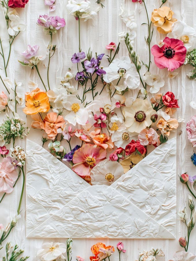 Floral Envelope with Colorful Spring Flowers on Textured White ...