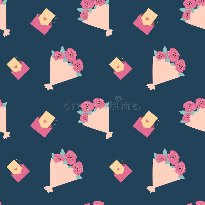 Floral Envelope Pattern with Romantic Bouquets on Dark Background Stock ...
