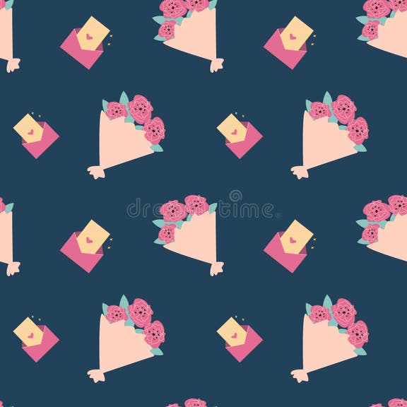 Floral Envelope Pattern with Romantic Bouquets on Dark Background Stock ...