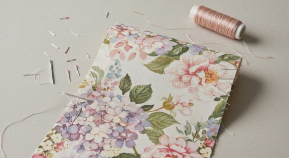 Floral Fabric with Pins and Thread for Sewing Project Stock Photo ...