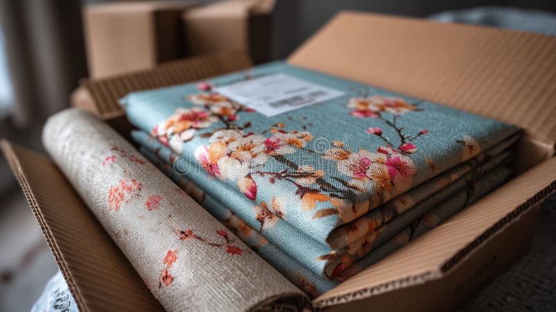 Floral Fabric Rolls in Cardboard Box, Showcasing Logistic Packaging and ...