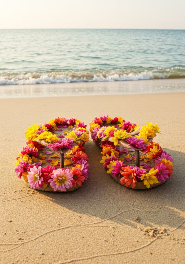 Floral Flip Flops on Sandy Beach Near Ocean Stock Illustration ...