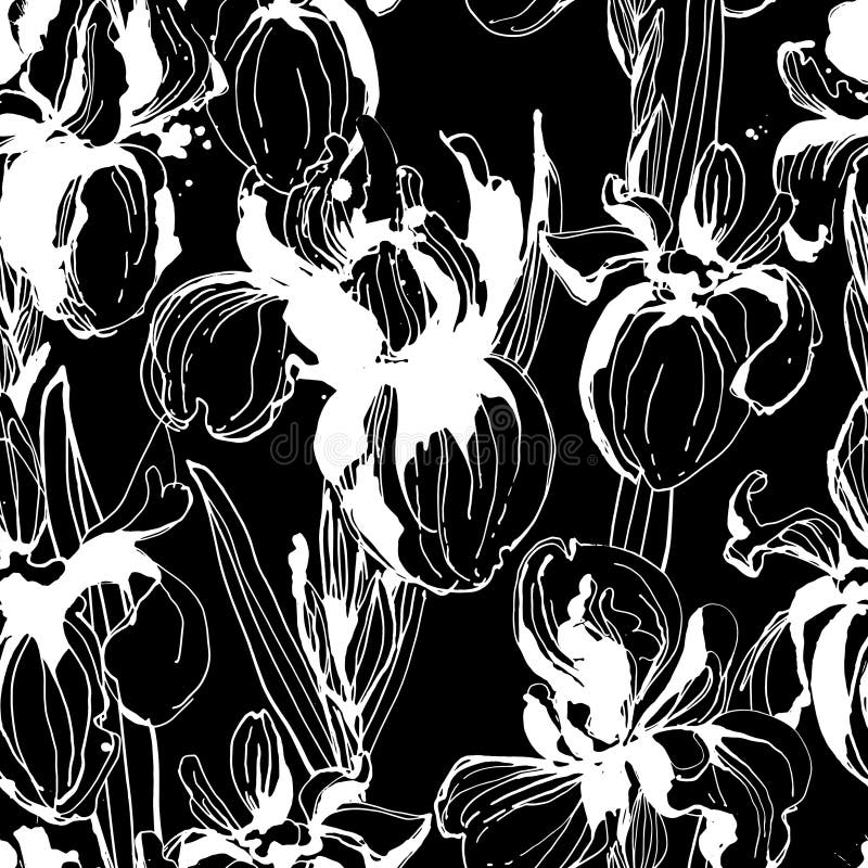 Floral Flower Iris Seamless Hand Drawn Pattern.Colored Ink Splat Stock ...