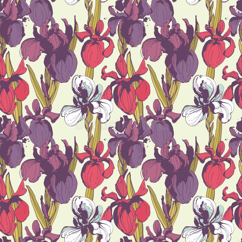 Floral Flower Iris Seamless Hand Drawn Pattern.Colored Ink Splat Stock ...