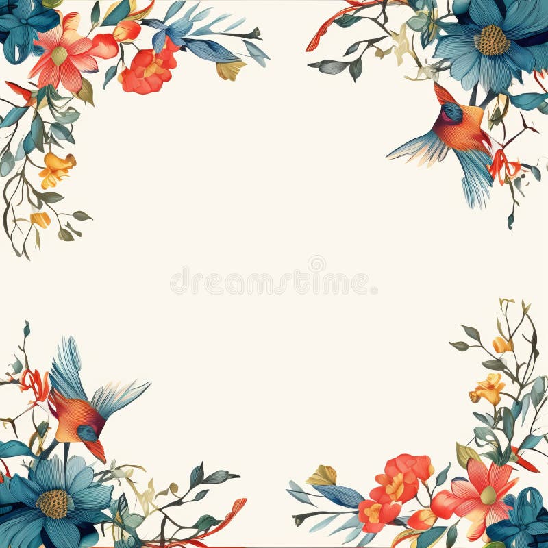 Floral Frame with Birds and Flowers on a White Background Stock ...