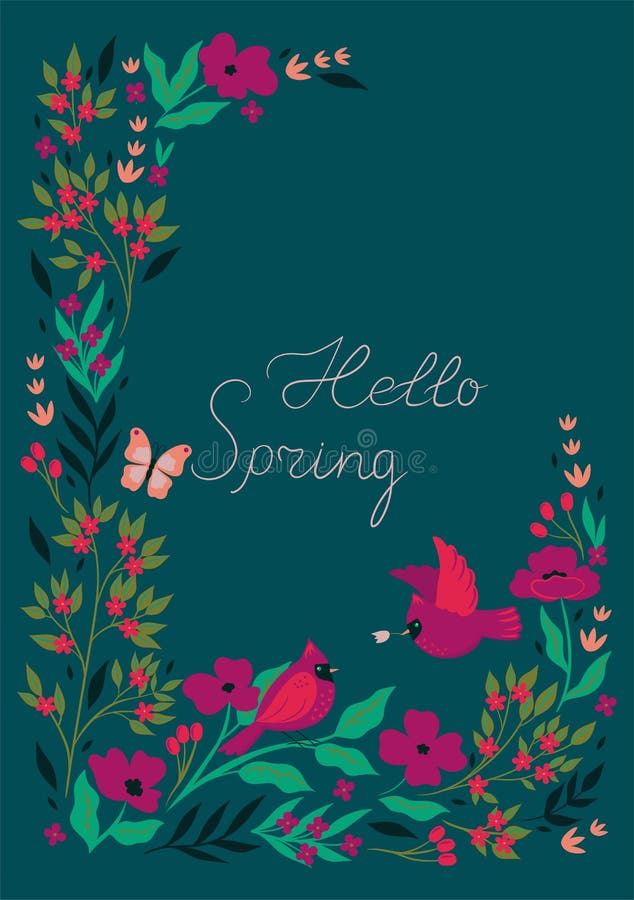 Floral Frame with Birds and Inscription Hello Spring. Vector Graphics ...