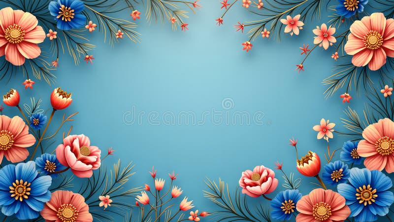 Floral Frame Border Design with Blue Background. Concept of Spring ...