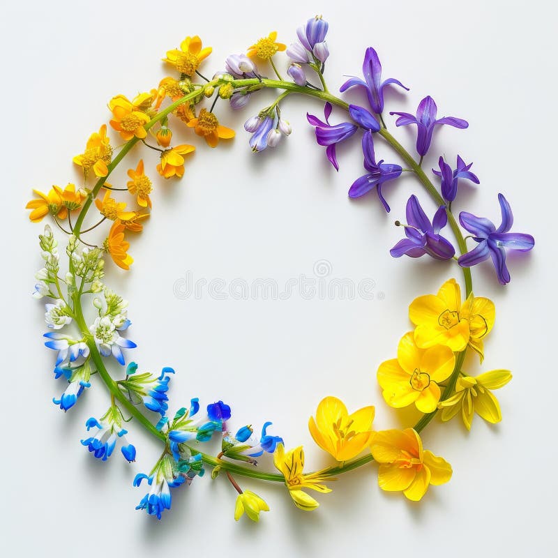 Floral Frame, Circle of Diverse Wildflowers on White Background. Spring ...