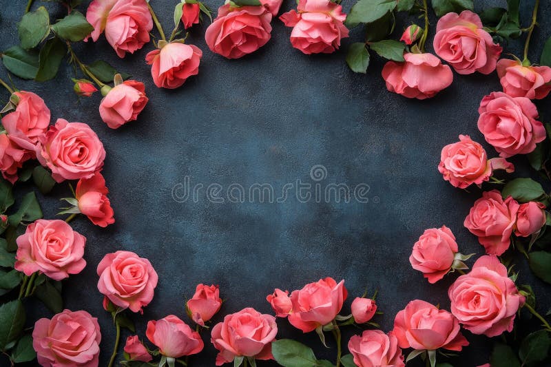 Floral Frame of Coral Roses Lying on Dark Blue Background with Copy ...