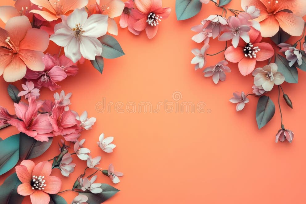Floral Frame Creates Space on Orange Background, Spring Blossom Theme ...