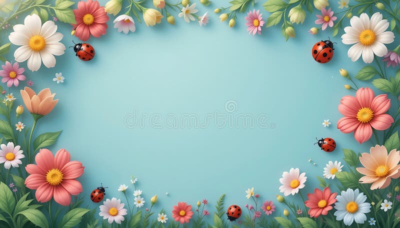 Floral Frame with Ladybugs on Light Blue Background Design for Spring ...