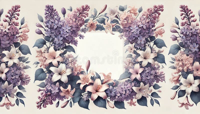 Floral Frame of Lilacs and Lilies Bordering Space Stock Illustration ...