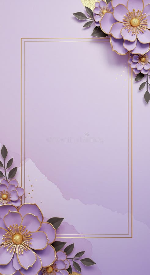 Floral Frame with Purple Flowers and Gold Accents on Light Purple ...