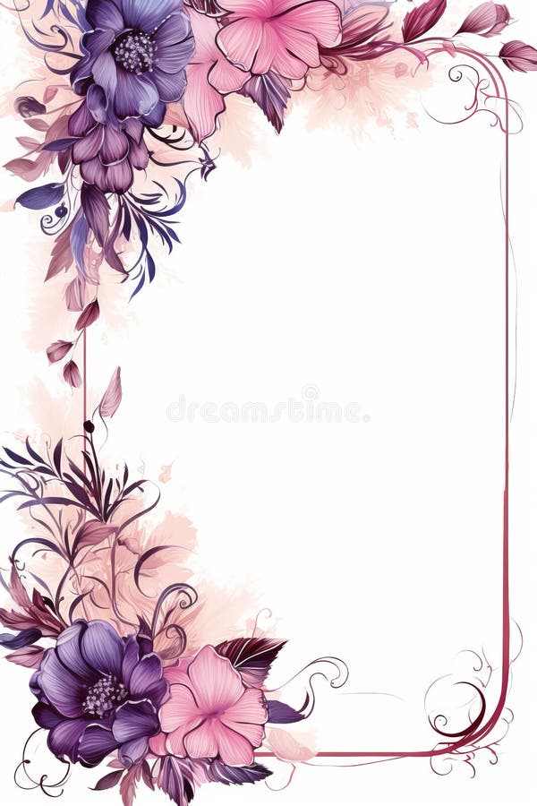 A Floral Frame with Purple and Pink Flowers on a White Background Stock ...