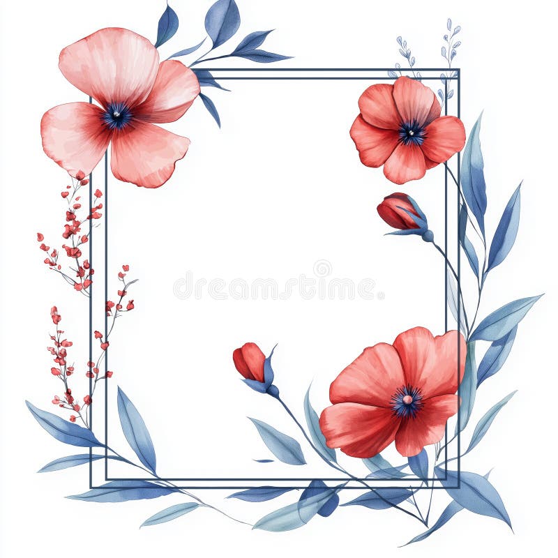 Floral Frame. Rectangular Watercolor Floral Frame on White Background ...