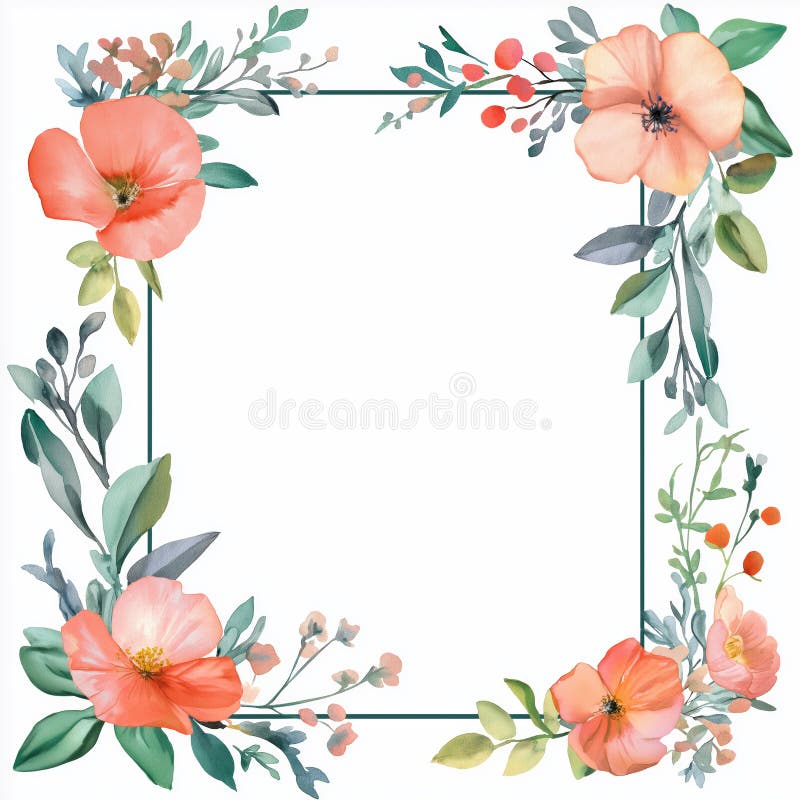 Floral Frame. Rectangular Watercolor Floral Frame on White Background ...