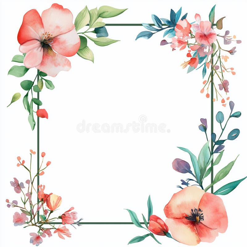 Floral Frame. Rectangular Watercolor Floral Frame on White Background ...