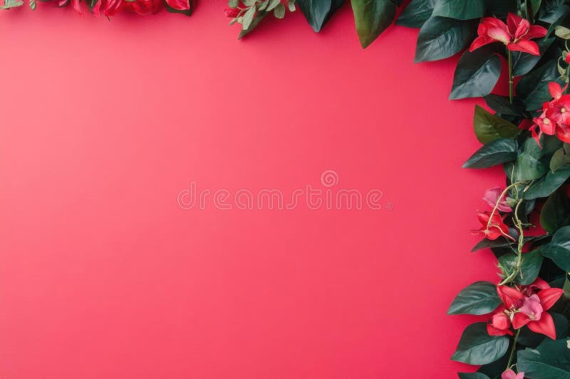 Floral Frame on Red Background with Copy Space, Botanical Arrangement ...