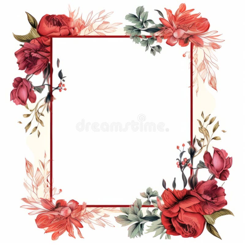 A Floral Frame with Red Flowers on a White Background Stock ...