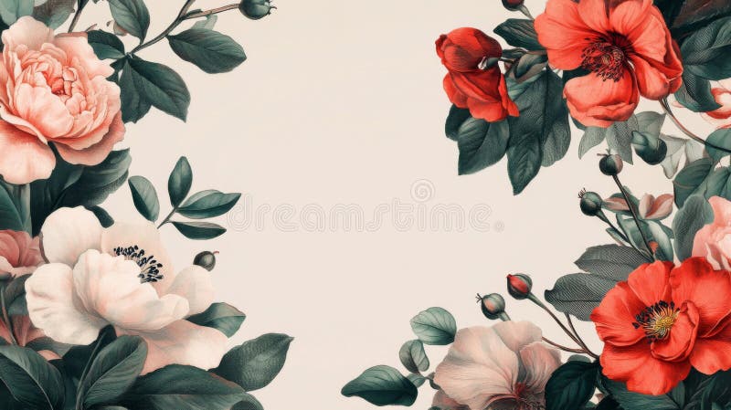 Floral Frame with Red and Pink Roses on Cream Background Stock ...