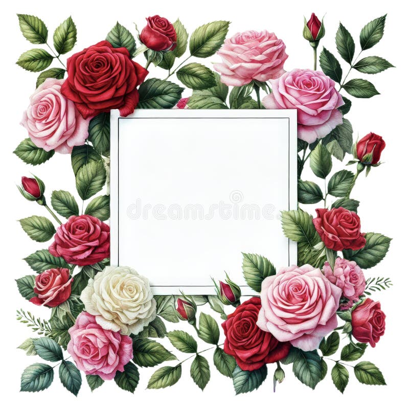 Floral Frame of Red, Pink, and White Roses on White Background for ...