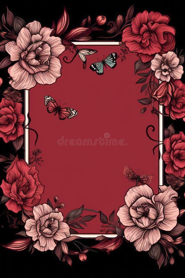Floral Frame with Red Roses and Butterflies on a Black Background Stock ...