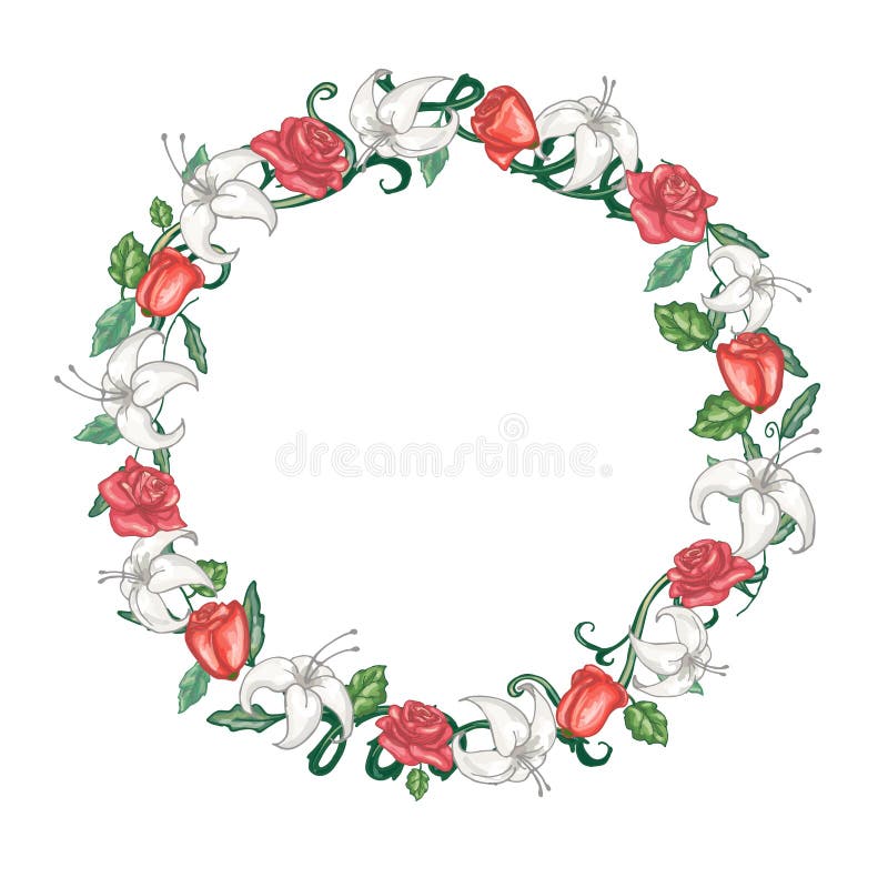 Decorative Round Border Red Lily Decorative Leaves Stock Illustrations ...