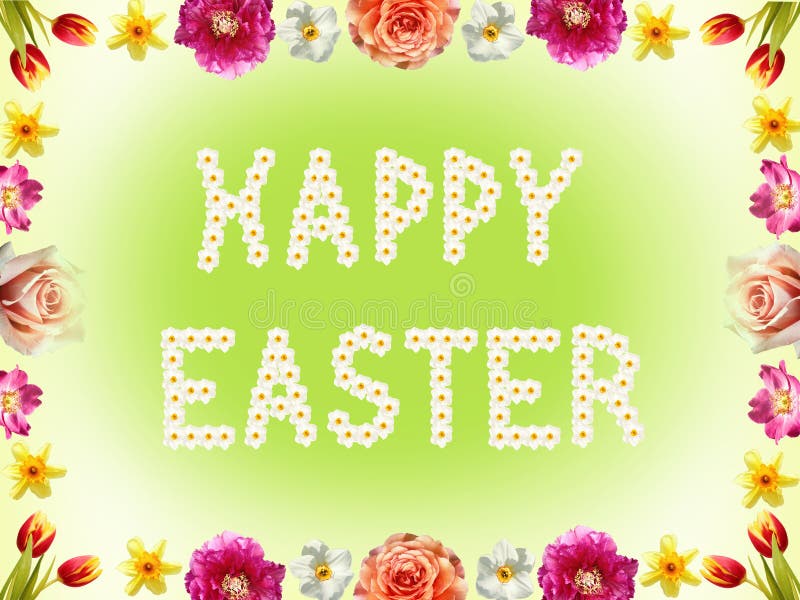 Floral Frame with Spring Flowers and Happy Easter Text Stock ...