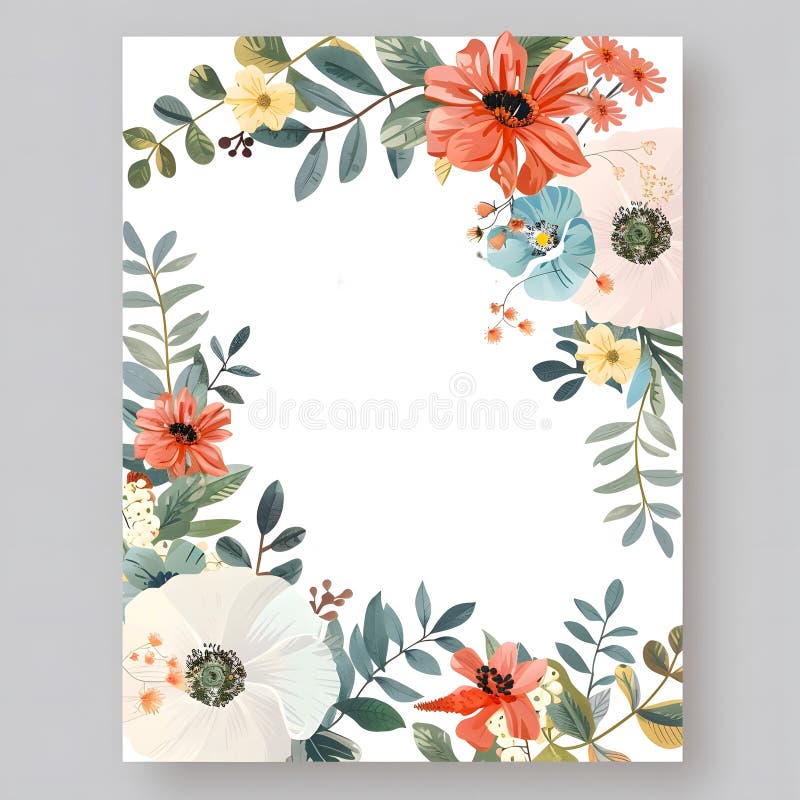 Floral Frame with White Background for Invitation or Card. Blank Space ...