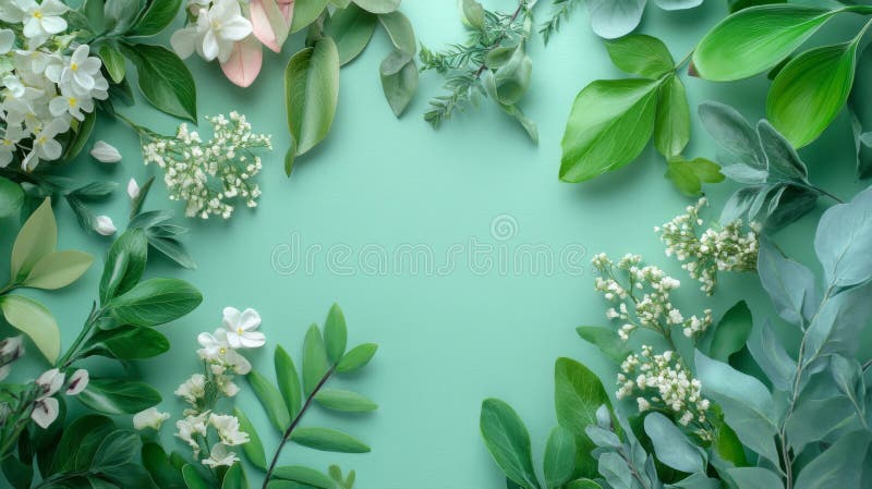 Floral Frame with White Blossoms and Green Leaves on Mint Background ...