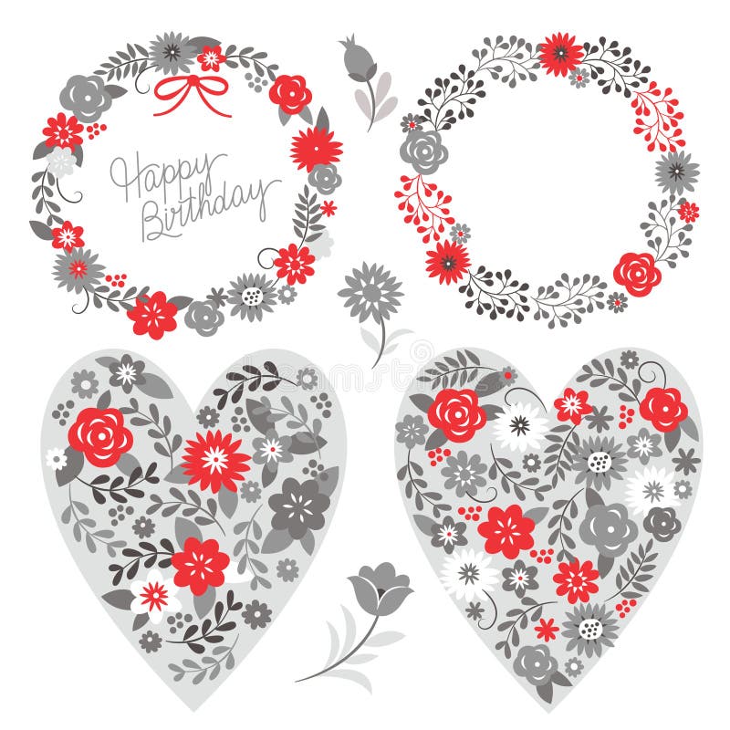 Floral Frames and Graphic Elements, Grey and Red Stock Vector ...