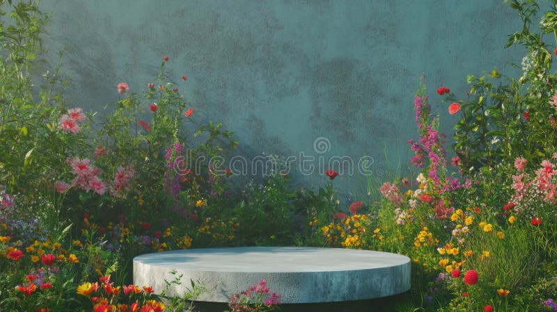 Floral Garden Setting with Textured Round Podium for Design or Display ...