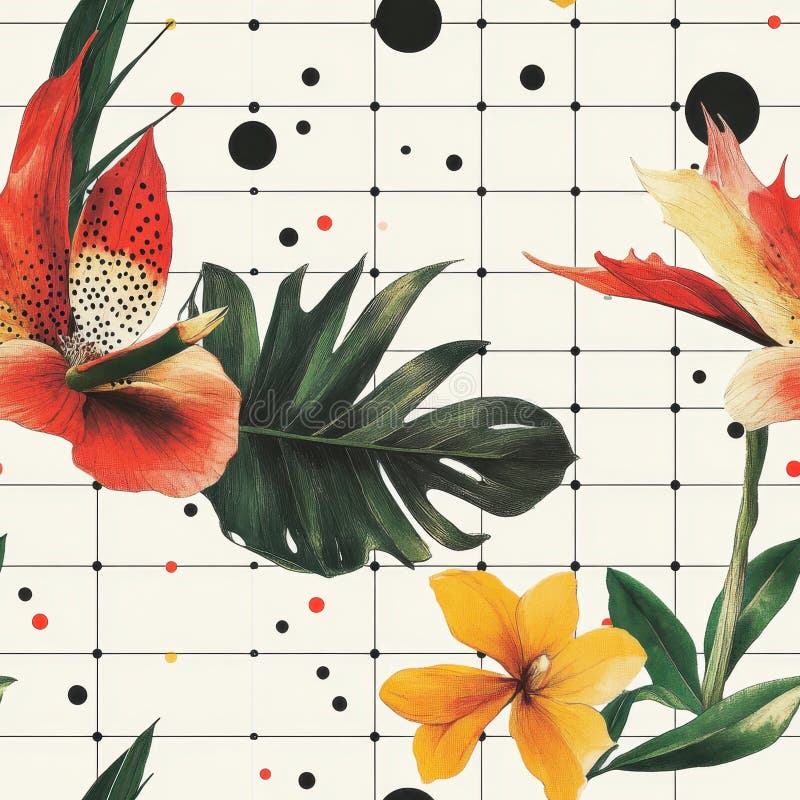 Floral and Geometric Pattern Fusion with Tropical Motifs Stock Image ...