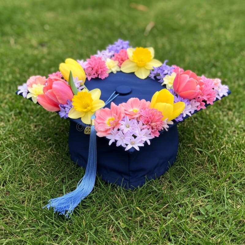 Floral Graduation Cap on Grass Stock Illustration - Illustration of ...