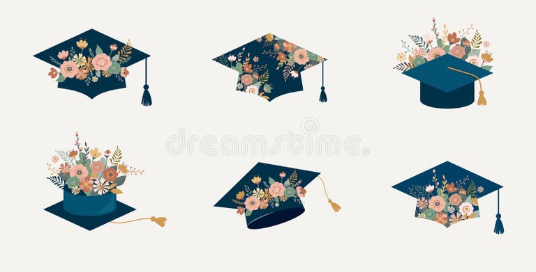 Floral Graduation Cap Illustrations Set. Stock Vector - Illustration of ...