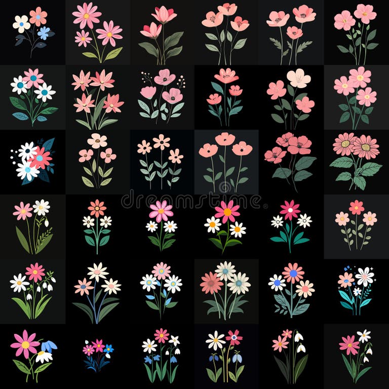 Floral Graphics Assorted Flower Bouquets and Stems on a Dark Display Stock Vector - Illustration ...