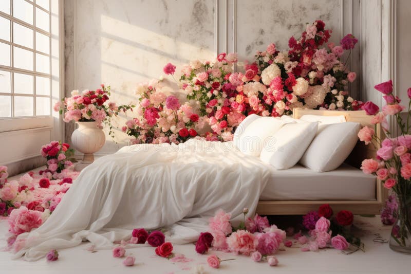 Floral Haven Bright Room, Large White Bed with Vases Stock Illustration ...