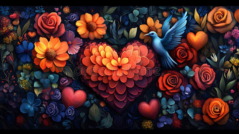 Floral Heart, Bird, Love, Dark Background, Romantic Design Stock ...