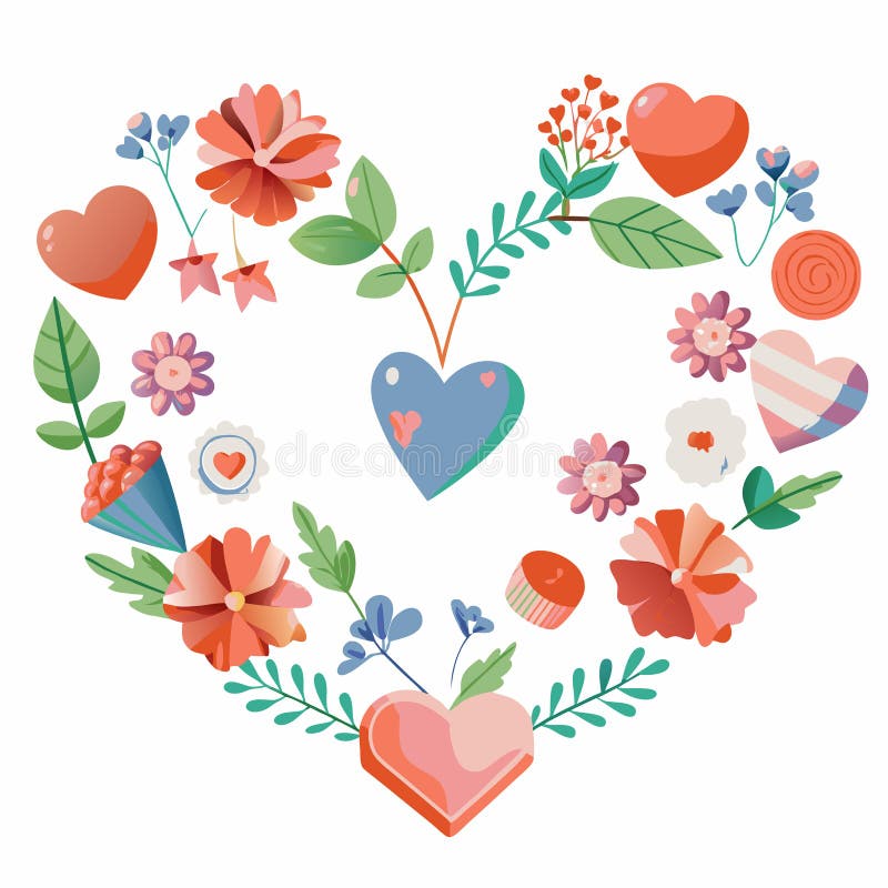Floral Heart Design with Various Flowers and Hearts Stock Vector ...