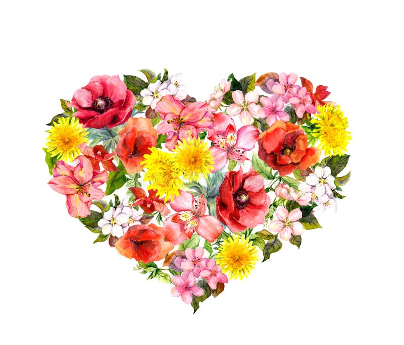 Floral Heart with Flowers, Herbs, Leaves. Watercolor Stock Illustration ... Floral Heart with Flowers, Herbs, Leaves. Watercolor Stock Illustration ...