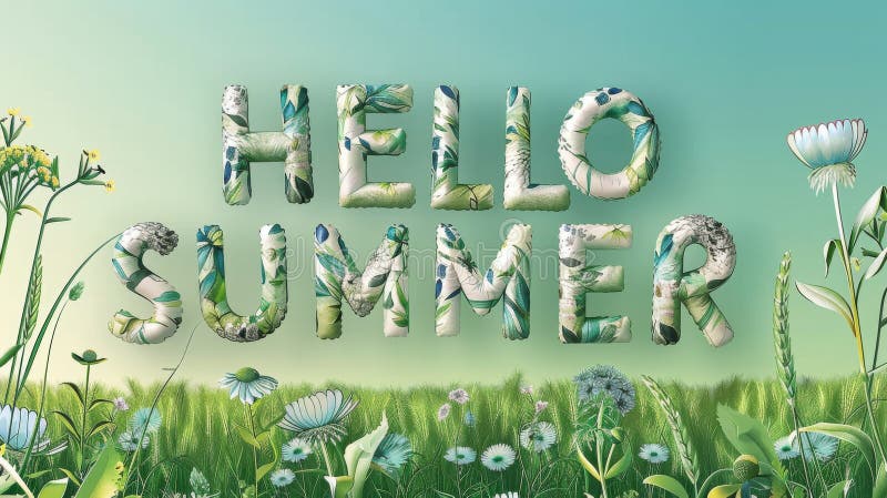 Floral Hello Summer Text on Fresh Meadow Background Stock Photo - Image ...