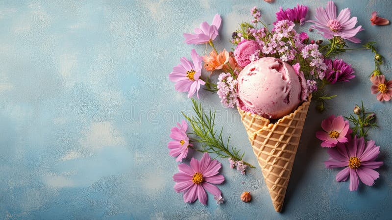 Floral Ice Cream Art, Floral Ice Cream Cone on a Plain Background with ...