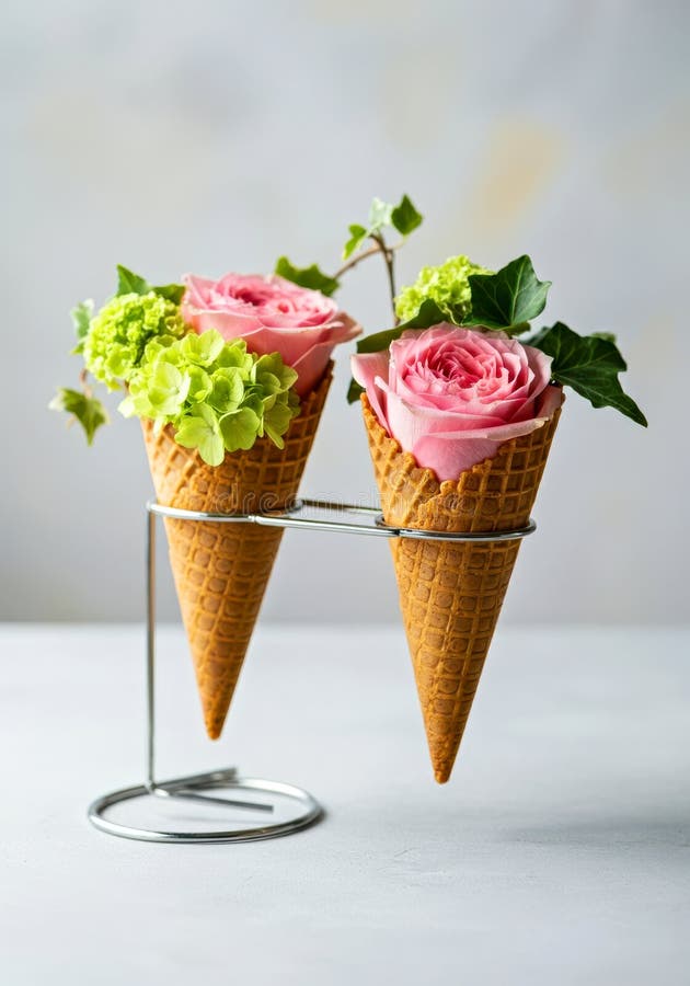 Floral Ice Cream Cone Bouquets with Roses and Greenery for Creative ...